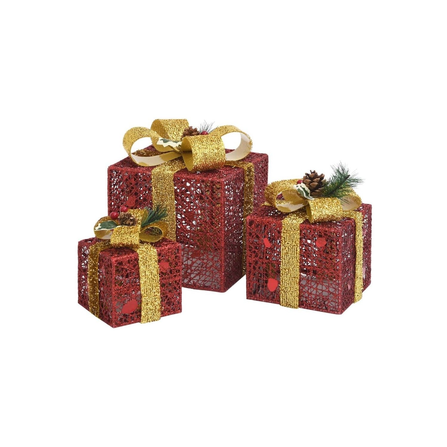 Cutii cadou de Craciun decor, 3 buc., rosu, exterior/interior